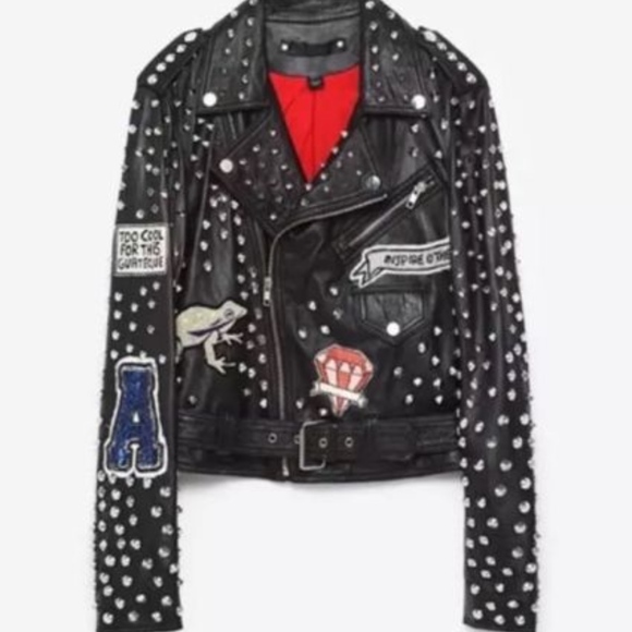 Zara | Jackets & Coats | Nwt Zara Leather Studded Patch Tiger Moto ...